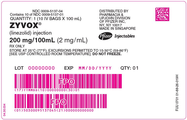 ZYVOX INJECTION 200MG/100ML BAG 10 - PFIZER PHARM