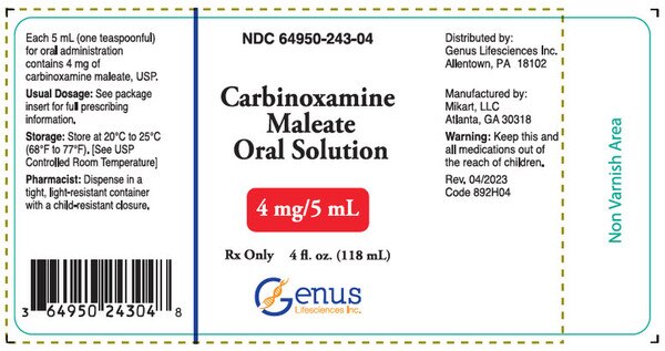 CARBINOXAMINE MAL 4MG/5ML SOL 118ML - GENUS LIFESCIENCES INC